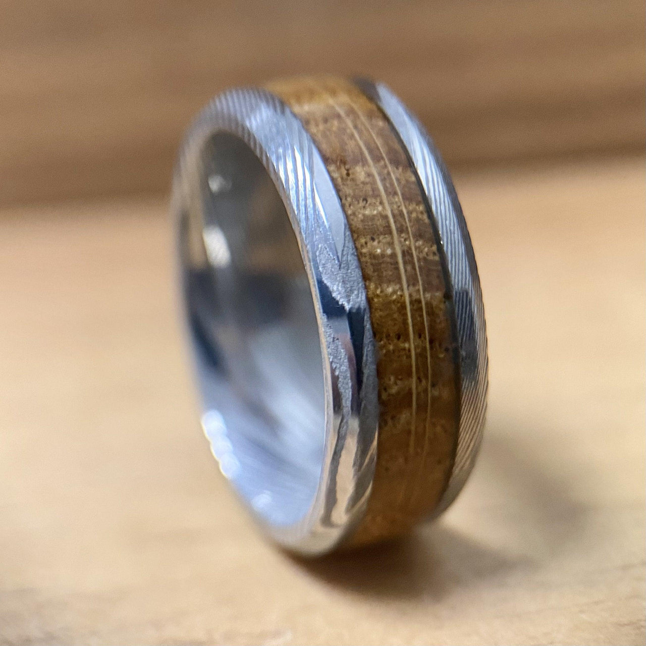 "The Rustic Warrior" Damascus Steel Design Ring With Wood From A Recla ...